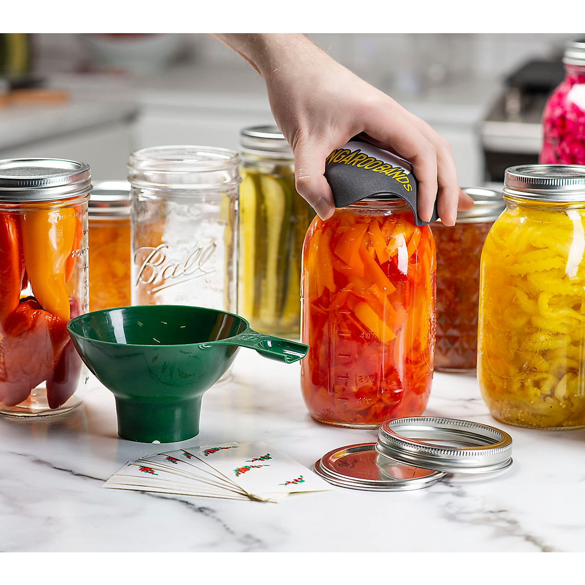 KanBandz Ball Regular Mouth 16-Ounces Mason Jar with Lids and Bands (24-Units), 24-Pack, AS SHOWN Bundled Non-Slip Jar Opener And Pack Of Self Stick Jar Labels.