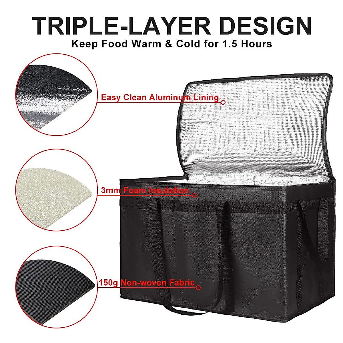 CIVJET Insulated Food Delivery Bag, XXXL Insulated Reusable Grocery Cooler/Hot Bags, Tote Bag for Shopping/Travel/Doordash, Catering Bag Doordash 22x14x13, Black, 1-Pack