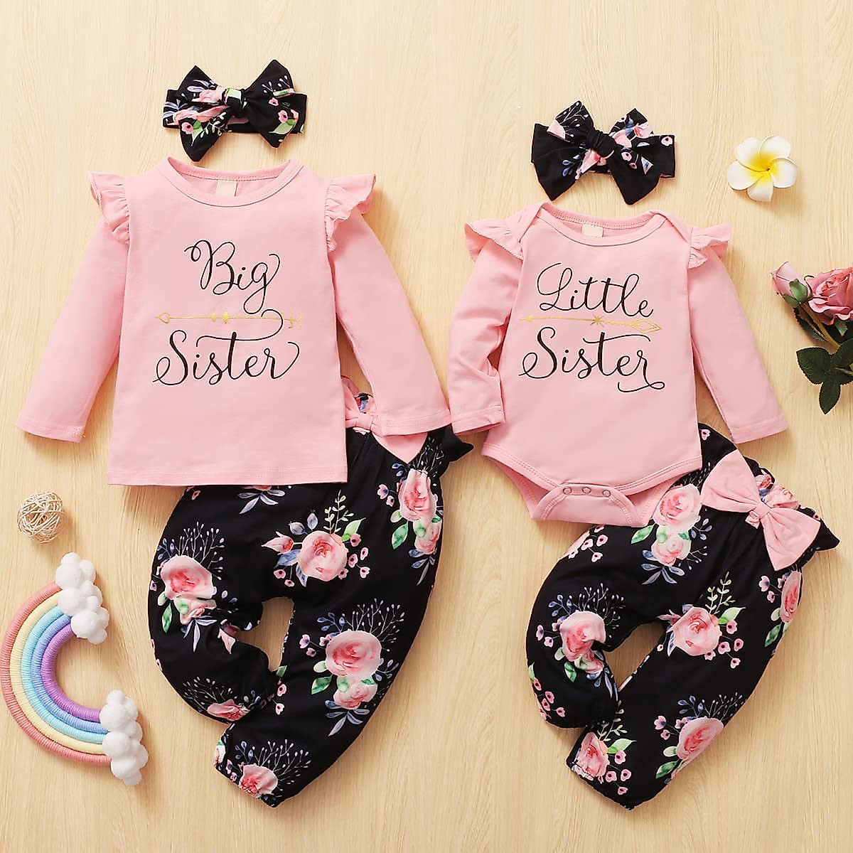 AMAWMW Sister Matching Outfits Pink Ruffle Long Sleeve Shirt Flowers Pants with Headband 3Pcs Clothes Set(0-3 Months, Little Sister, Pink-2)