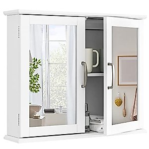 Tangkula Medicine Cabinet with Mirror, Bathroom Wall Mounted Mirror Cabinet with Double Mirror Doors, Bathroom Mirror with Storage Cabinet, 23.5 x 5.5 x 19.5 Inches (White)