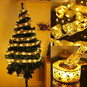 GIHOO Christmas Tree Decorations String Lights 32ft 100 LED Lights Copper Wire Ribbon Bows Lights for Party Weddings Holiday Christmas Tree Decorations (Gold Warm Light Battery Powered)