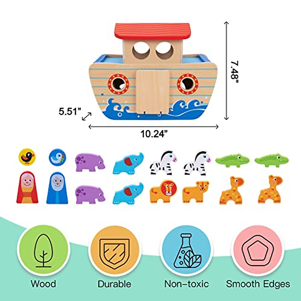 TOOKYLAND Wooden Noah's Ark Toys for Kids, Bible Story Toys Baptism Gifts for Girls and Boys, Animal Shape Sorter Toys Montessori Toys for 2 3 4 Year Old