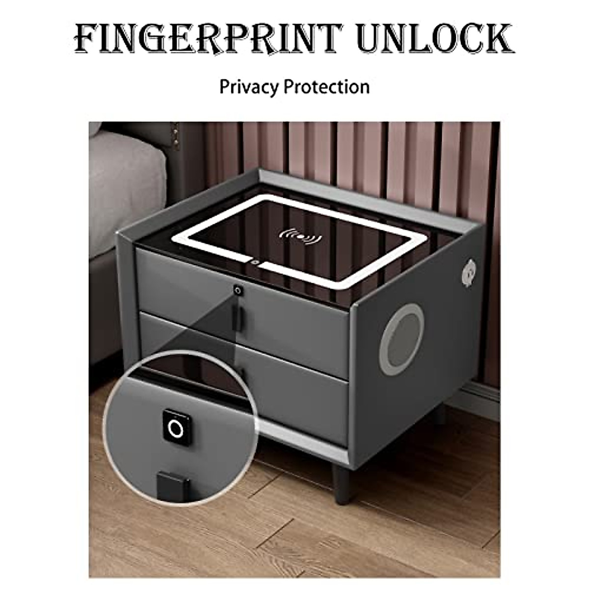 Night Stand with Wireless Charging Station USB Ports Smart Modern End Table Side Table with Fingerprint Lock Drawer (Color : A 3-Drawers, Size : C no Fingerprints)