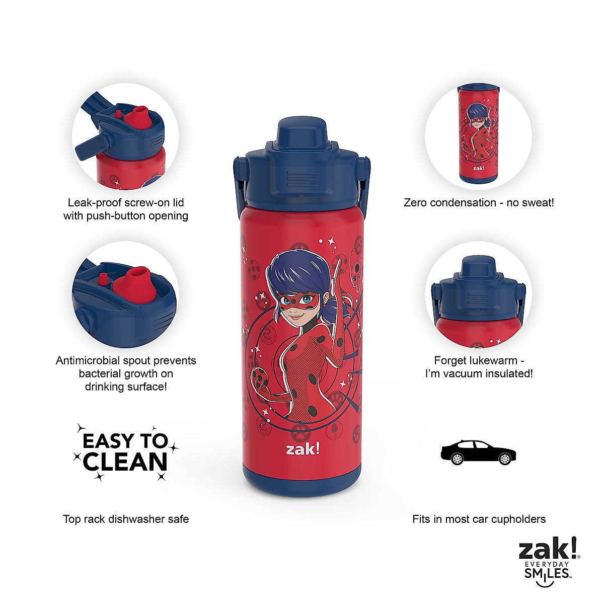 zak! Beacon Insulated Bottle, Miraculous Ladybug - 20 oz - Durable Stainless Steel - Double-Wall Vacuum Insulation, Silicone Spout & Push-Button, Leak-Proof Lid - Dishwasher Safe