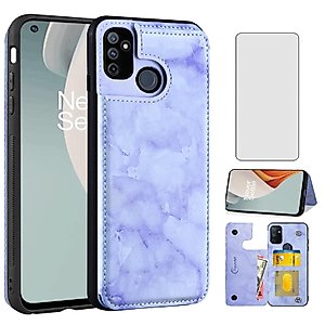 Asuwish Phone Case for OnePlus Nord N100 with Tempered Glass Screen Protector and Flip Marble Wallet Cover Card Holder Stand Accessories One Plus N 100 4G 1 Plus 1plus One+ 1+ 100N 5G Women Men Purple