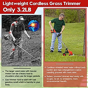 Weed Wacker Battery Powered Electric Brush Cutter 4000mAh, Battery Weed Eater Cordless Grass Trimmer, Lightweight 3 in 1 Small Push Lawn Mower Stringless Trimmer Edger Lawn Tool, 2 Batteries, 1 Wheel