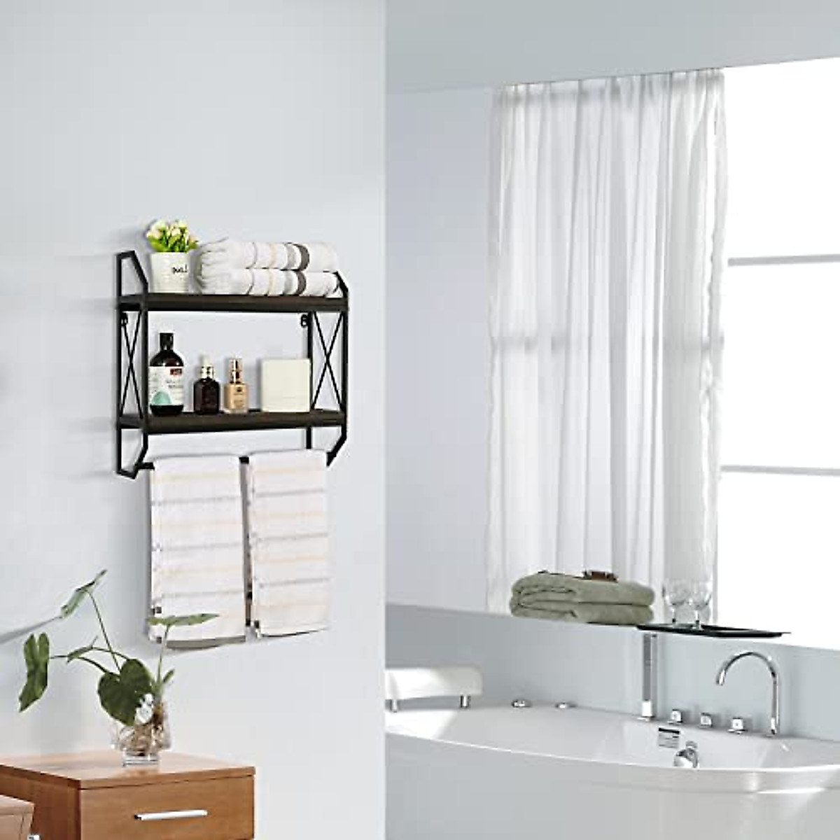 Abyssfish 2 Tier Metal Industrial Bathroom Shelves with Towel Bar Floating Storage Organizer Shelves Rustic Wall Mounted Shelves Over Toilet Towel Rack for Bathroom, Bedroom, Kitchen
