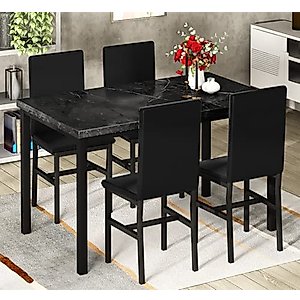 AWQM Faux Black Marble Dining Table with 4 Upholstered Chairs, 5-Piece Dining Room Table Set for Small Space, Breakfast Table Bar Table and Chairs Set for 4, Home & Kitchen Sets