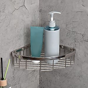 Generic Stainless Steel Shower Caddy Corner Wall Mounted Bathroom Shelf Rust Proof Bathtub Shower Storage Organizer No Drilling Shampoo Holder with 10 Adhesive Hooks for 90 Degree Corner (Silver)
