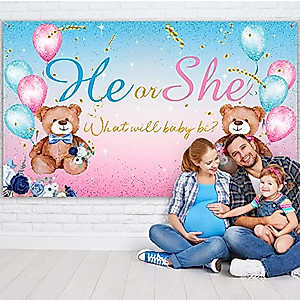 Bear Gender Reveal Party Decoration He or She Gender Reveal Backdrop Banner What Will Baby Be Background Blue Pink Bear Banner for Baby Shower Wall Decorations, 5.9 x 3.6 ft