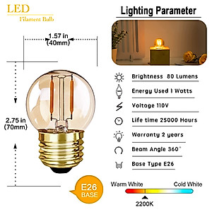 G40 Edison LED Filament Mini Globe Light Bulbs 1W Equivalent to 10Watt Incandescent - E26 Screw Base Led Bulbs Ultra Warm White 2200K Decorative Lighting Non Dimmable Amber Glass