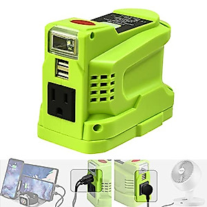 Portable Power Inverter for Ryobi 18V Battery 200LM LED Flashlight 150W Inverters Generator Power Source for 18V 2 USB AC Output, DC 18V to AC 110~120V（Tool ONLY） Green