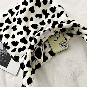 Women Leopard Print Shoulder Bag Fluffy Plush Clutch Faux Fur Handbag Tote Bag (Cow)