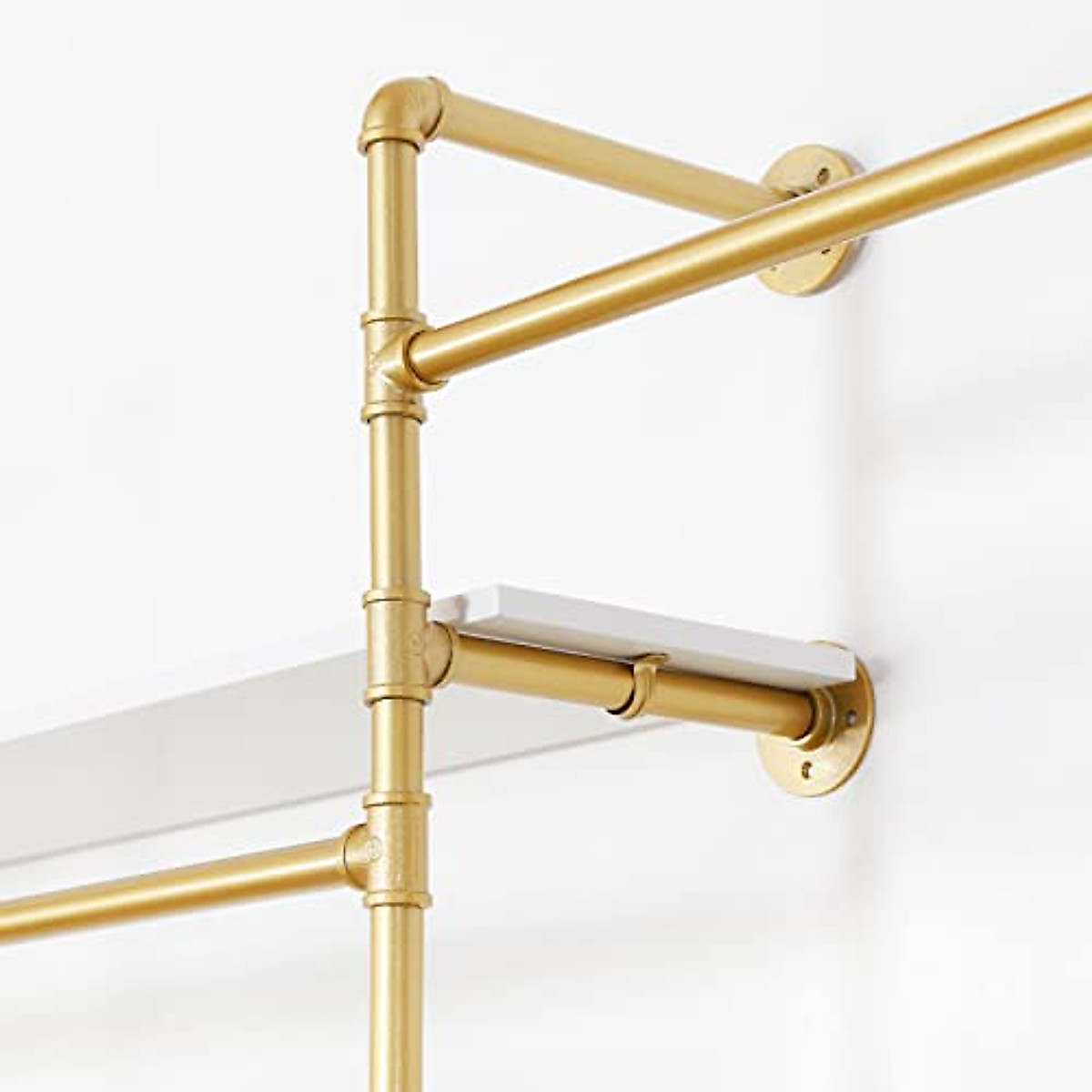 EDCB Modern Simple Industrial Pipe Clothing Rack Wall Mounted Hanging Rods Garment Bar with Shelves, Heavy Duty Garment Rack for Boutiques Retail Display (Glod, 92.1X76.8inch)