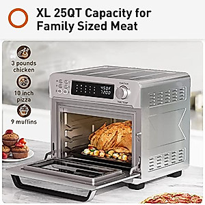 JOYOUNG Air Fryer Toaster Oven with 14 Preset Functions Convection Oven Oil-Less 25QT 1700W, Full-Metal Structure & DualWall Glass, Recipes