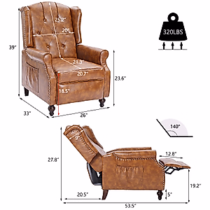 Consofa Wingback Recliner Chair with Heat and Massage, PU Leather Push Back Recliner Chair for Living Room, Vintage Wingback Recliner with Remote Control,Padded Cushion,Backrest,Wooden Legs
