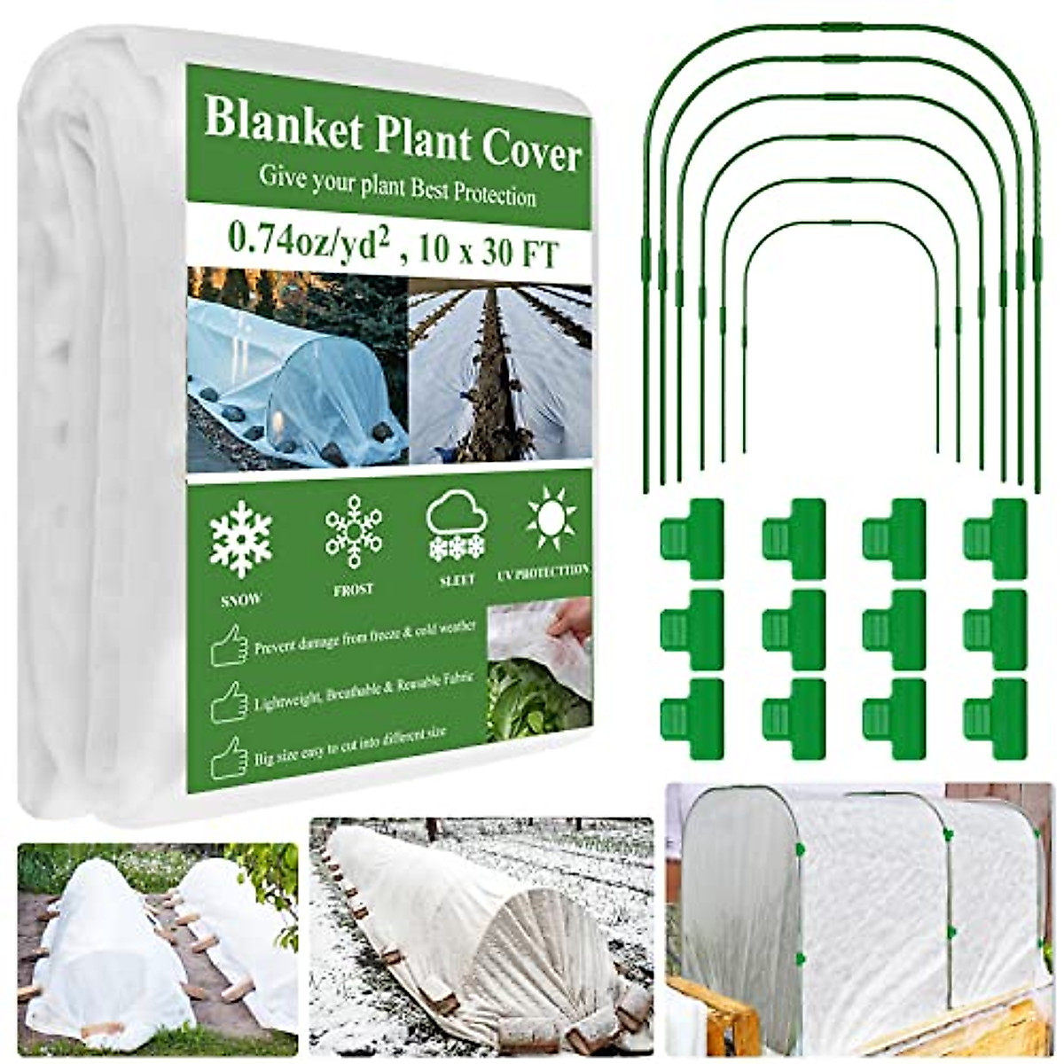 WYRJXYB Plant Covers Freeze Protection kit,10 x 30 Ft Frost Cloth & 6PCs Garden Hoops & 12 Clips, Frost Blanket, Greenhouse Hoops, Floating Row Cover kit for Plants Vegetables Winter Frost Protection