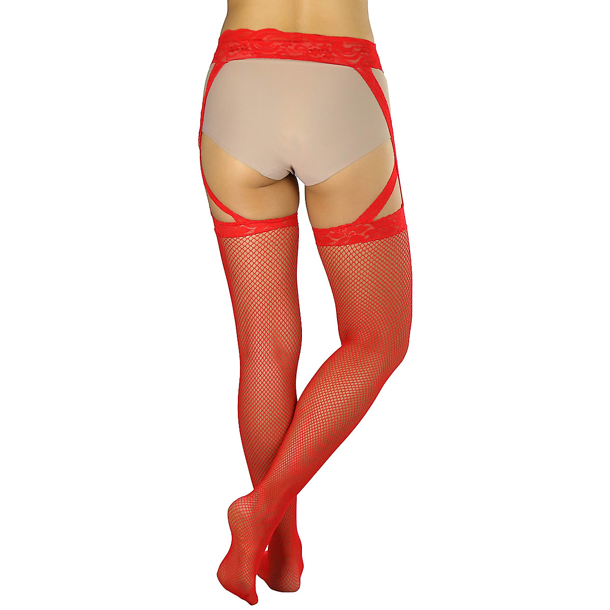 ToBeInStyle Women’s Flirtatious Hip Criss Cross Lace Fishnet Garter Belt Stockings - - Red (Queen)