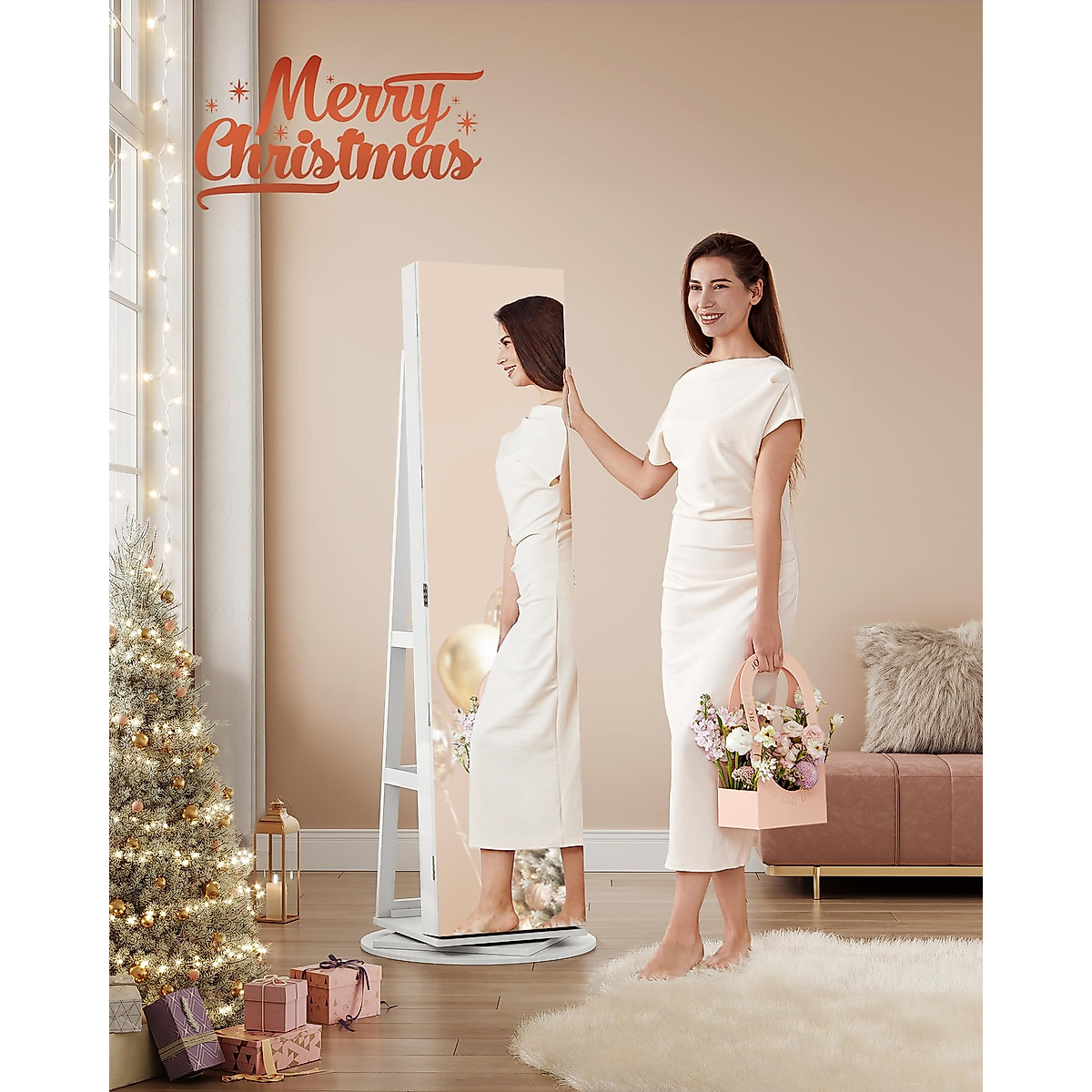 SONGMICS 6 LEDs Lockable Mirror Jewelry Cabinet, 360° Swivel Jewelry Organizer, Standing Jewelry Armoire, Frameless Full-Length Mirror, 3 Storage Shelves,Christmas Gifts, White Surface,