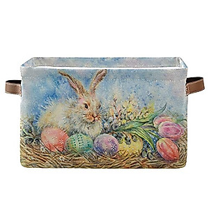 Nander Large Foldable Storage Bin Rectangle Waterproof Storage Basket Cube with PU Handles for Organizing Nursery Home Closet & Office - Vintage Watercolor Easter Bunny Egg, 1 Pack