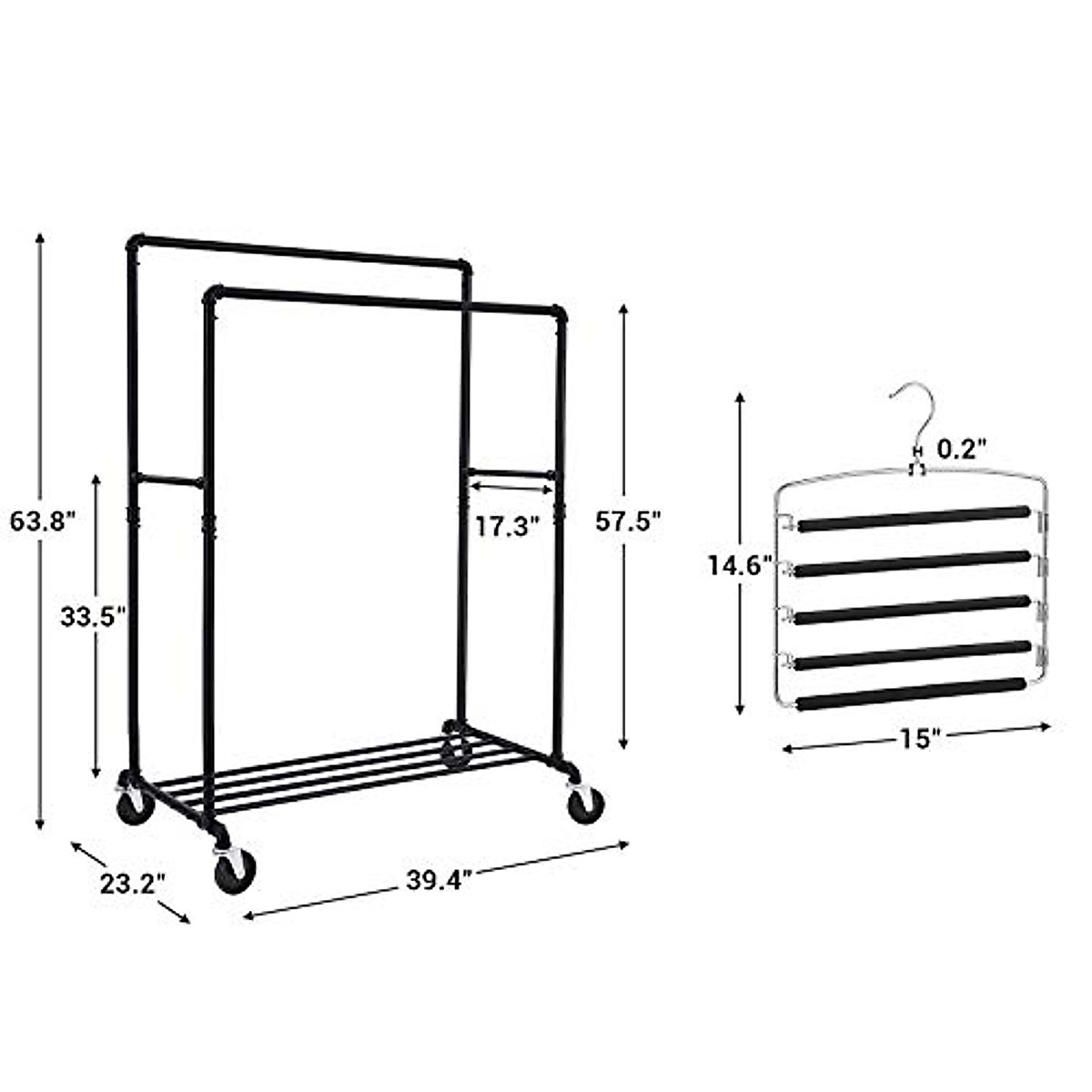 SONGMICS Double-Rail Clothes Rack Bundle with 3-Pack 5-Bar Pants Hangers, Industrial Pipe Design Garment Rack on Wheels, Space-Saving Trousers Hangers with Swing Arms, Black UHSR60B and UCRI041BK
