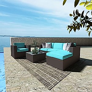 Rio AcePRO 6 Piece Patio Conversation Garden Sectional Sofa Outdoor Furniture Couch Set, Brown Wicker and Beige Cushion, Blue