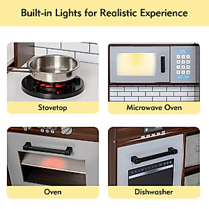 BRINJOY Corner Play Kitchen for Kids, Wooden Toddler Kitchen Playset w/Faucet, Sink, Microwave, Oven, Apron, Blackboard, Storage Cabinets, Pretend Cooking Toys w/Sound & Light Gift for Ages 3+