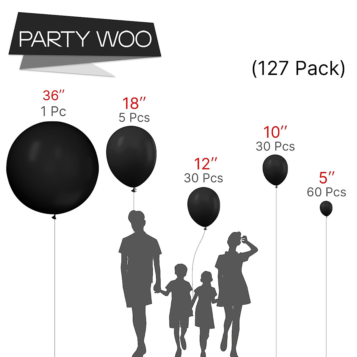 PartyWoo Black Balloons, 127 pcs Matte Black Balloons Different Sizes Pack of 36 Inch 18 Inch 12 Inch 10 Inch 5 Inch Black Balloons for Balloon Garland or Balloon Arch as Party Decorations, Black-Y18