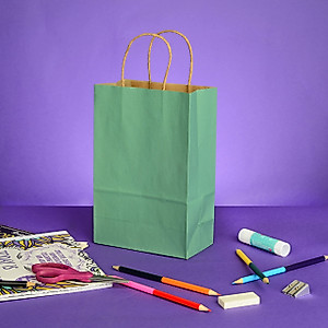 Prime Line Packaging 6x3x9 50 Pack Green Small Gift Bags with Handles, Kraft Colored Paper Bags, Recycled Bags, Items for Wedding Welcome Bags, Bulk