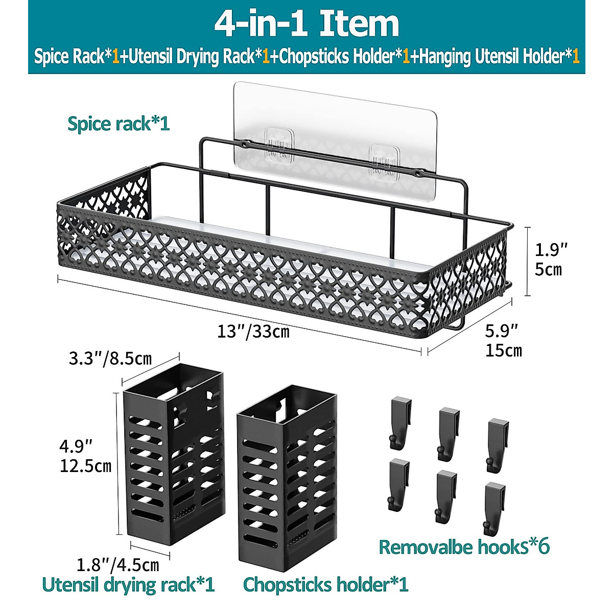 Tamomic Hanging Spice Rack Wall Mount, Over Stove Spice Organizer Shelf with Wall Hanging Utensil Holder 6 Hooks for Kitchen, Black