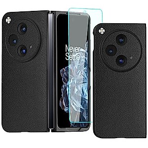 Designed for OnePlus Open Case with Screen Protectors [Hard PC Leather Slim Phone Case] [Shockproof Anti-Slip] Slim Case for OnePlus Open 2023 (Black Black)