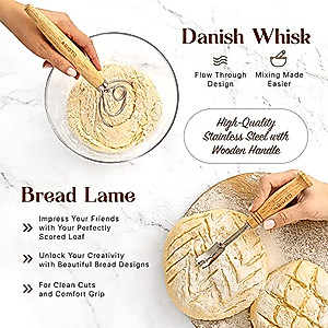 Banneton Bread Proofing Basket Set of 2 with Sourdough Bread Baking Supplies - A Complete Bread Making Kit Including 9" Proofing Baskets, Danish Whisk, Bowl Scraper, Dough Scraper, & Bread Lame