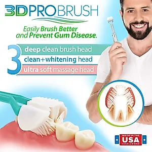 3D PRO BRUSH | 3-Sided Toothbrush | 7-Pack Replacement Heads | 3X Triple Clean + Soft Gum Massage| Built-In Tongue Scraper | Sustainable Eco-Friendly Design | Kids Adults Braces Travel | MADE IN USA