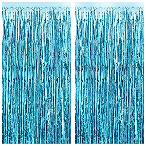 2pcs 3ft x 8.3ft Light Blue Metallic Tinsel Foil Fringe Curtains Photo Booth Props for Birthday Wedding Engagement Bridal Shower Baby Shower Bachelorette Holiday Celebration Party Decorations