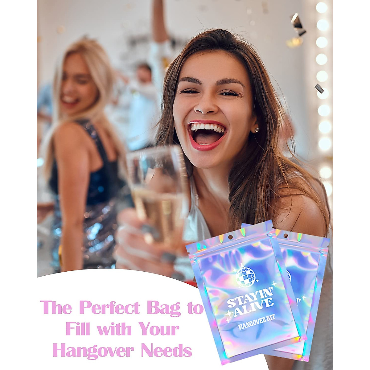 SILFGRLF Stayin' Alive Bachelorette Party Hangover Kits Bags, 50 Pcs Holographic Bags (5"x7") Bachelorette Party Supplies Last Disco Party Favors Printed