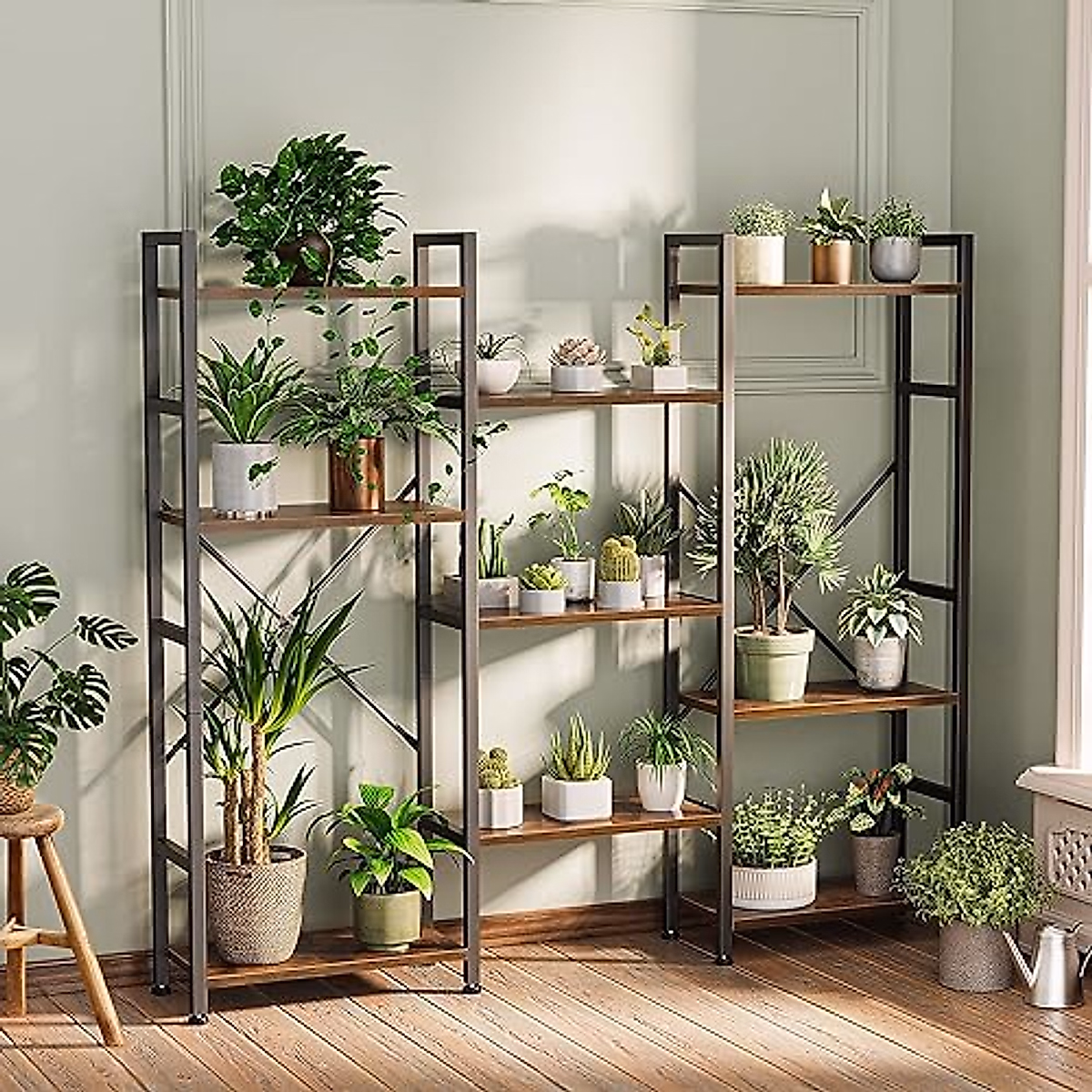 Boloni Triple Bookshelf, Bookcase with 11 Open Platforms, Large Etagere Wood Bookcase with Metal Frame for Living Room, Bedroom, Brown