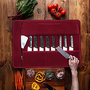 Chef Knife Roll Bag,Waxed Canvas Knife roll bag,Portable 10 Slots Chef Knife case with 1 Zipper Pockets,Heavy Duty Knives Roll Bags for Chef Case for Camping and Hold Home Kitchen Knife Tools Up (Red)