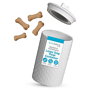 BIRDROCK HOME Large Dog Treat Container Jar | Holds 7 Cups | Durable White Ceramic Canister with Airtight Seal & Bone Handle Lid | Ideal for Kitchen Counter or Pantry Storage | Pet Food Safe | 9" x 5"