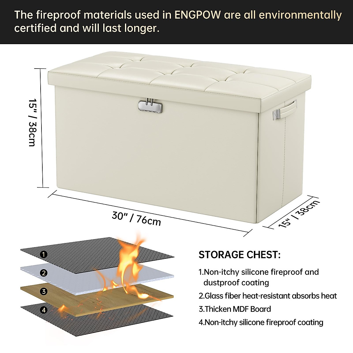 ENGPOW Storage Ottoman Bench,Fireproof Folding Storage Bench with Lock,30 Inches Fire＆Water Resistant Storage Chest Foot Rest Stool Leather Bedroom Bench with Storage Safe for Document,Valuables,Beige