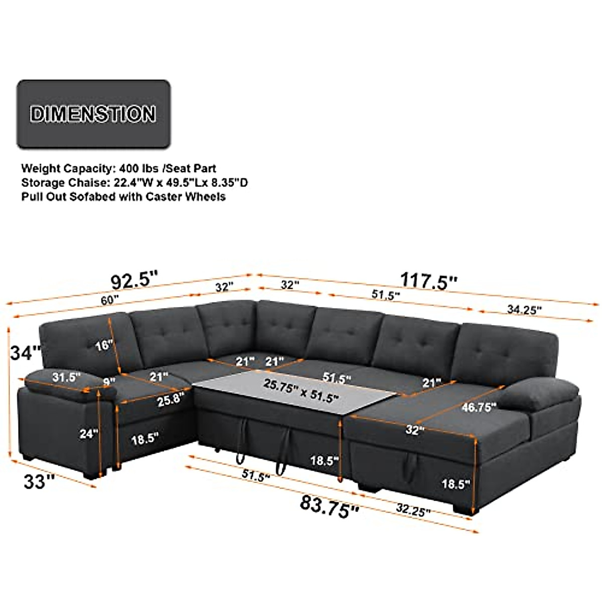 asunflower Sleeper Couch Sectional Sofa with Pull Out Sofa Bed for Living Room 6 Seater Sleeper Sectional Couch with Storage Chaise U Shape Modular Sectional Sofa Bed,Dark Gray