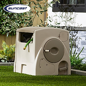 Suncast Automatic Rewind Garden Hose Reel, 100 ft. 5/8 in. Vinyl Hose Holder, Light Taupe