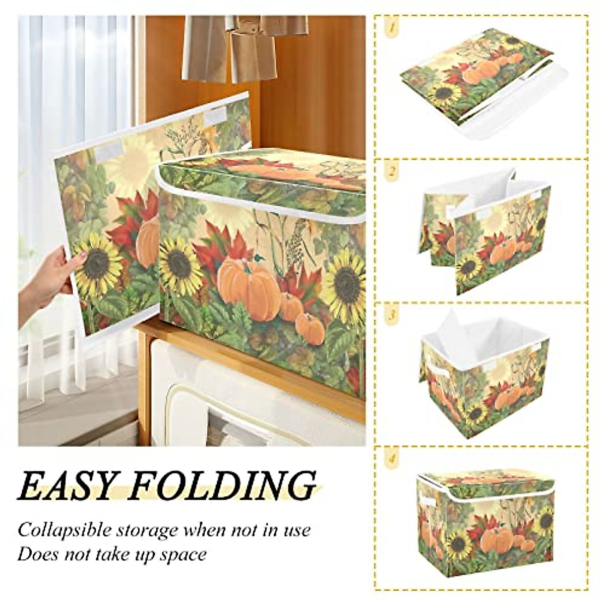 innewgogo Thanksgiving Pumpkin Sunflower Storage Bins with Lids for Organizing Closet Organizers with Handles Oxford Cloth Storage Cube Box for Car