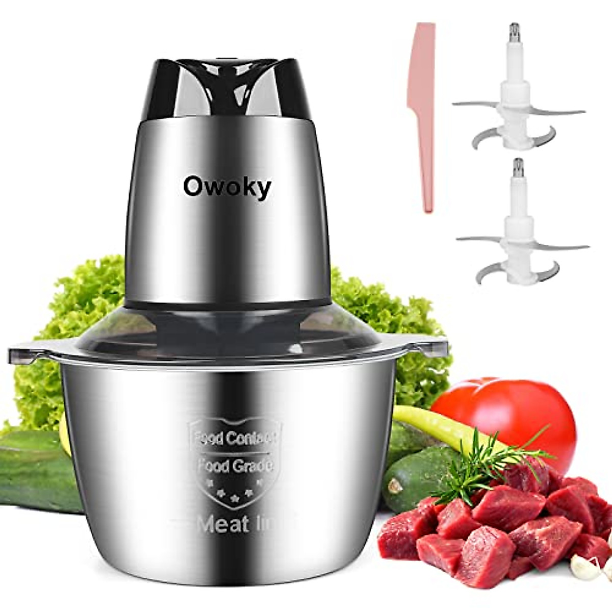 Food Processors Electric, Meat Grinder 2L Stainless Steel Meat Blender Food Chopper for Meat, Onion, Vegetables with 2pcs Bi-Level Blades, 2 Speed, 500W, 8 Cup (Meat Grinder with Single bowl)