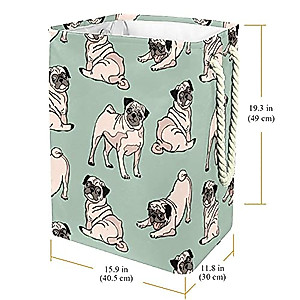 Inhomer Mustard Green Dog Pug Large Laundry Hamper Waterproof Collapsible Clothes Hamper Basket for Clothing Toy Organizer, Home Decor for Bedroom Bathroom