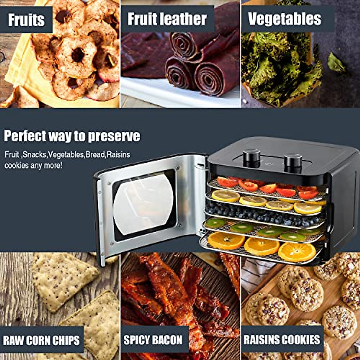 NutriChef Electric Countertop Food Dehydrator Machine - 350-Watt Premium Multi-Tier Meat Beef Jerky Maker Fruit/Vegetable Dryer w/ 4 Stainless Steel Trays, Digital Timer, Temperature Control