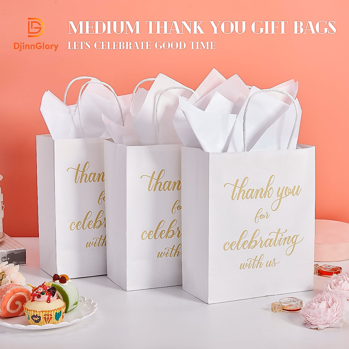 DjinnGlory 50 Pack Medium Sized White Paper Gift Bags with Tissue Paper 10x8x4 Inch, Thank You for Celebrating with Us Bags with Handles for Wedding Welcome Bridal Shower Party Favors Goodies