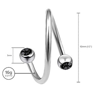 2pc 12mm 1/2 Twisted Barbell Spiral Nose Ring Twist Pierced Earrings Ear Piercing Cartilage Jewelry Industrial Earring Rings Lip Screw Surgical Helix Tragus Daith Navel Belly Black Cystal
