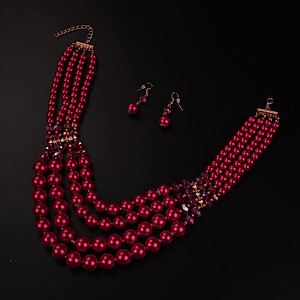 Aimimier 1920s Flapper Faux Pearl Strand Necklace and Earrings Set Boho Vintage Layered Long Chunky Crystal Stacked Choker for Women