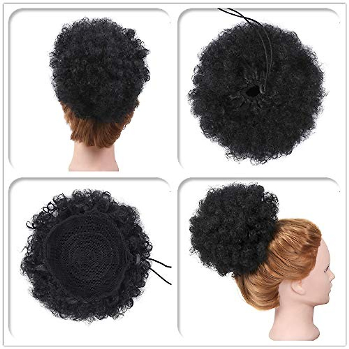 YMHPRIDE 2Pcs Afro Puff Drawstring Ponytail Hair Extension Synthetic Fluffy Kinky Curly Bun Updo Hair Pieces Donut Chignon Hairpieces Extensions(1B#)