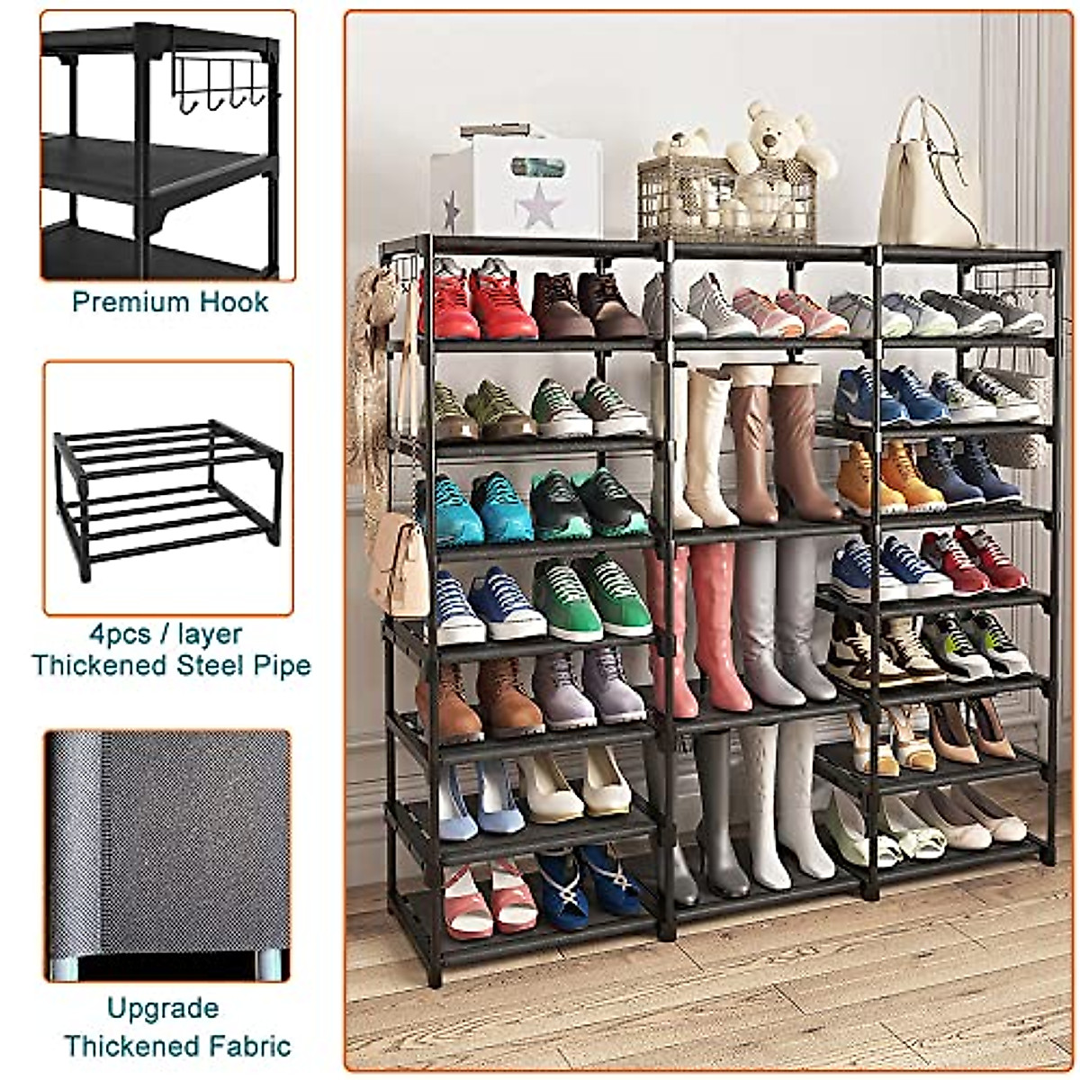 VIZUN 8 Tier Large Shoe Rack Organizer, 45-50 Pair Shoes Boots Storage, Metal Shoe Shelf Closet, Sturdy Heavy Duty Shoe Tower for Entryway Garage Living Room